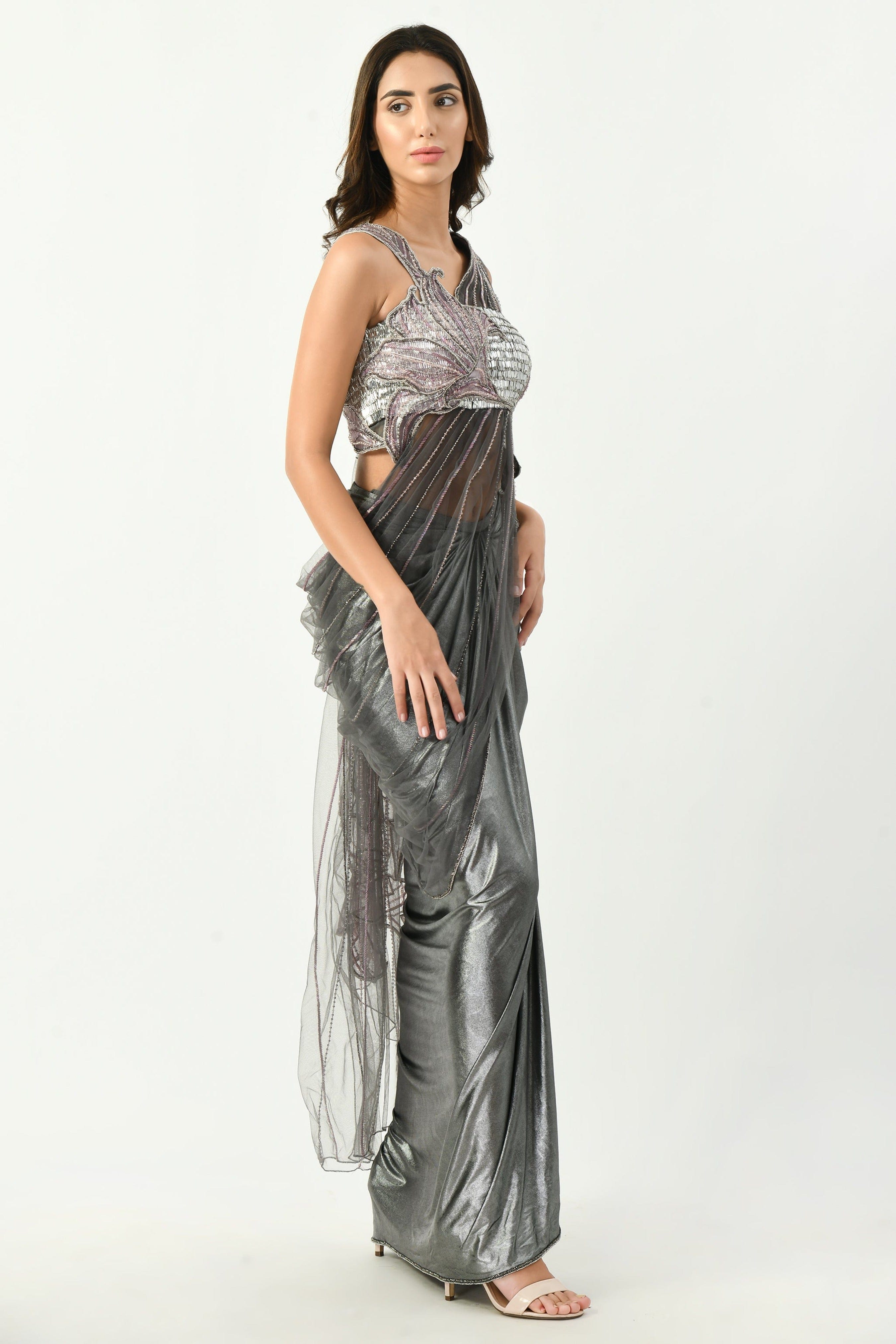 Salena Saree - Gun Metal Color Designer Saree with Silve Ornamented ...