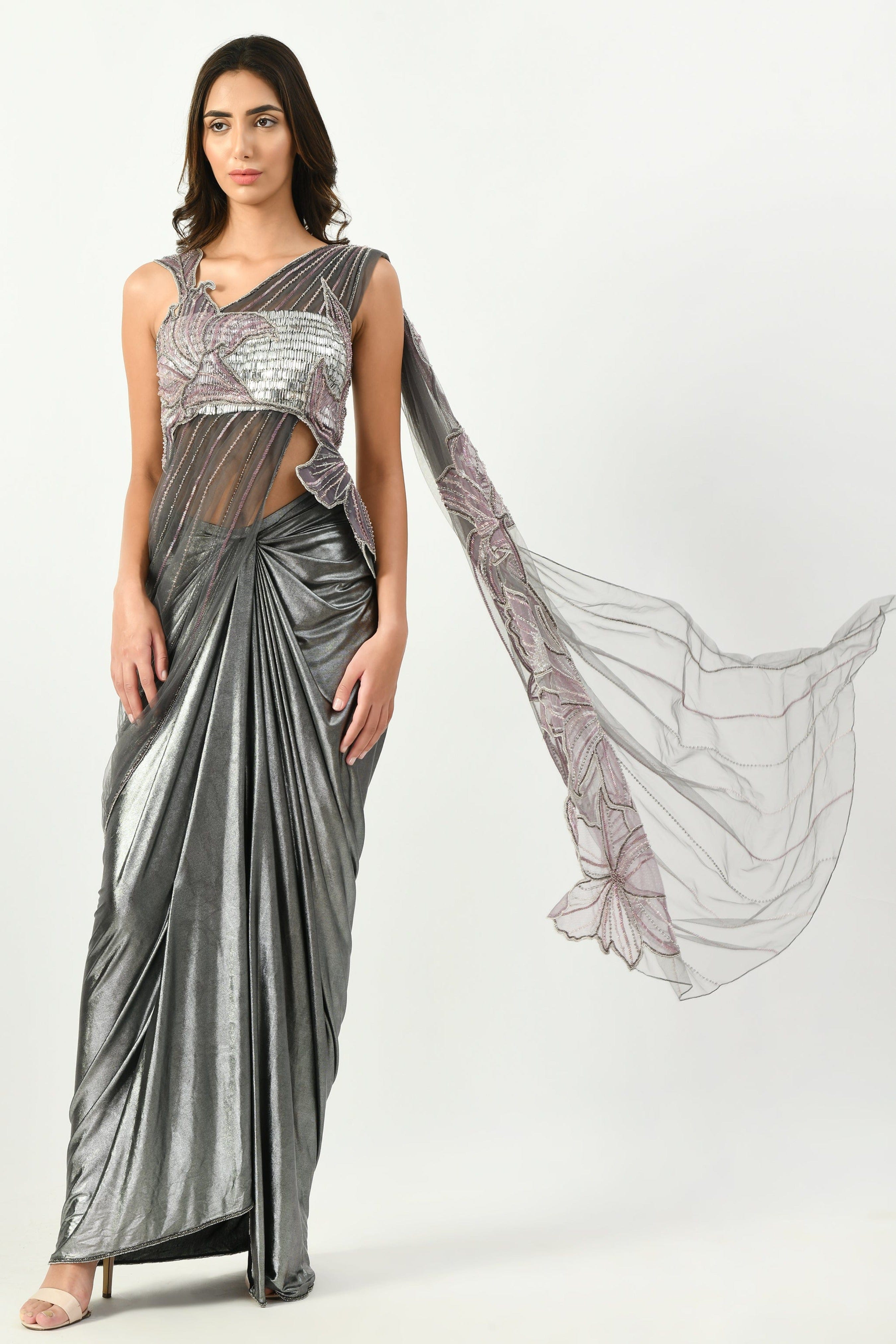 Salena Saree - Gun Metal Color Designer Saree with Silve Ornamented ...