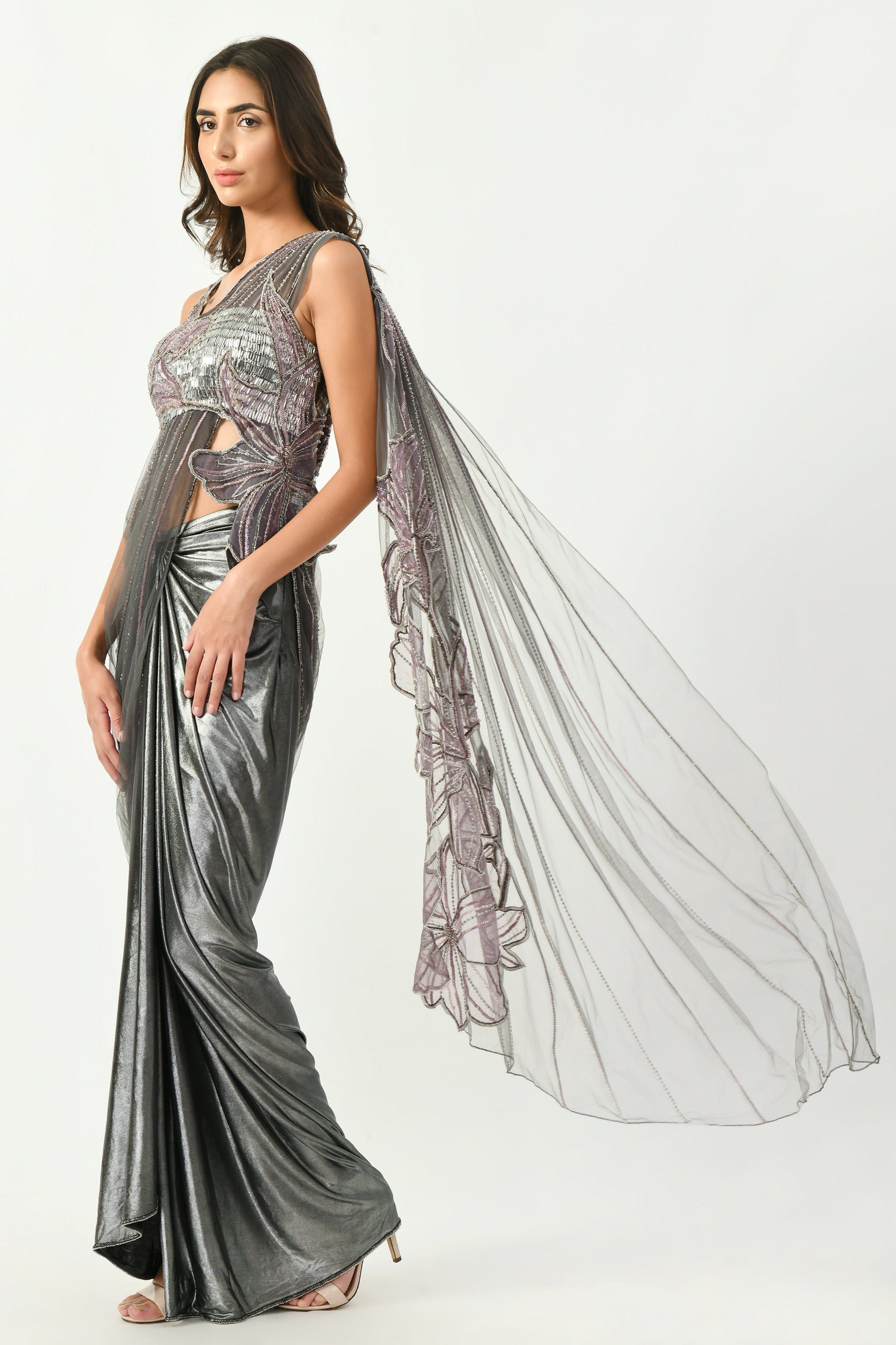 Salena Saree - Gun Metal Color Designer Saree with Silve Ornamented ...